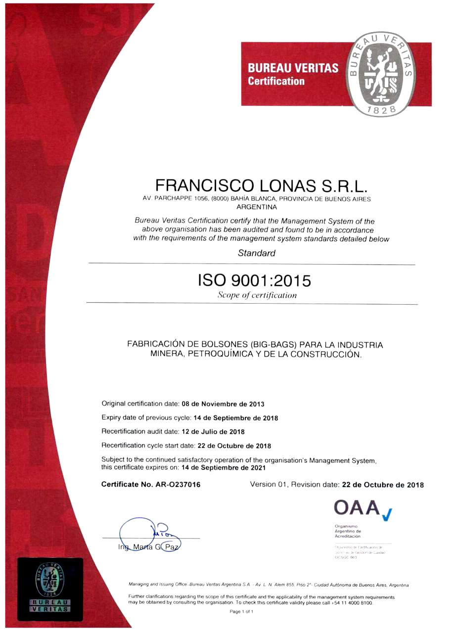 Francisco Lonas SRL - Certificación Normas ISO 9001